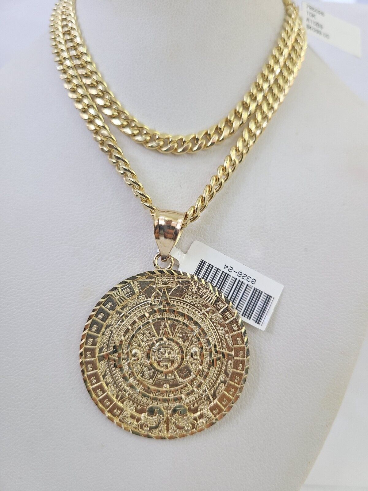 10k Gold Chain Mayan Calendar Pendant Set Miami Cuban link Necklace 5m ...